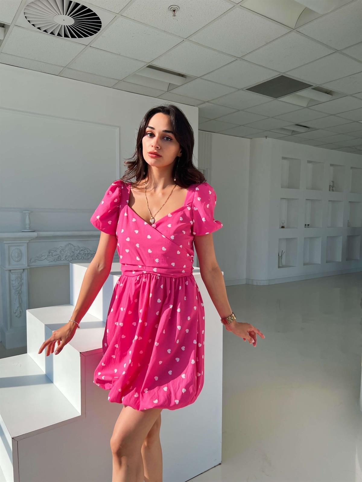 Pembe Kalp Desen Balon Etekli Elbise