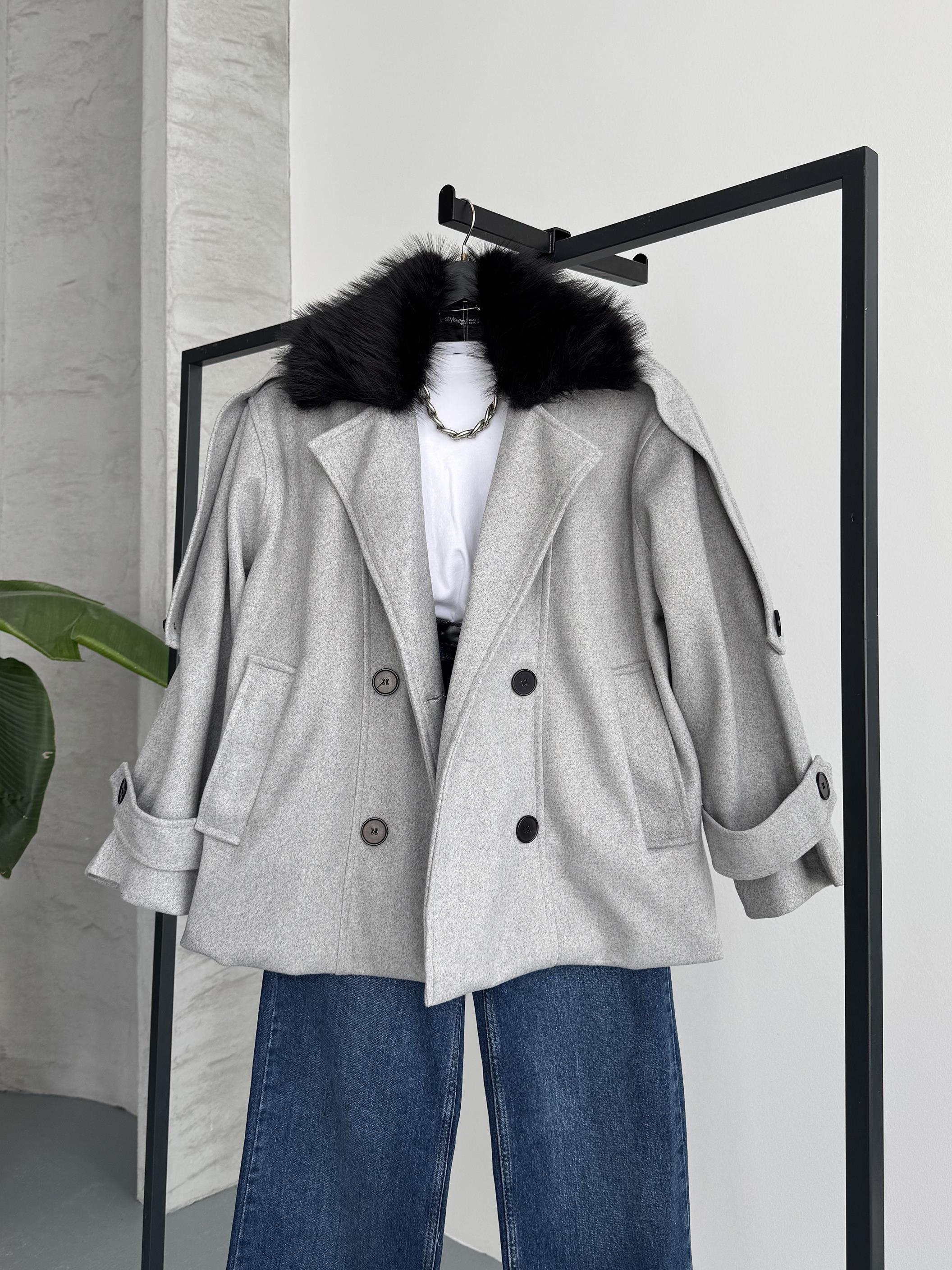 Kürklü Modern Gri Kaşe Kaban