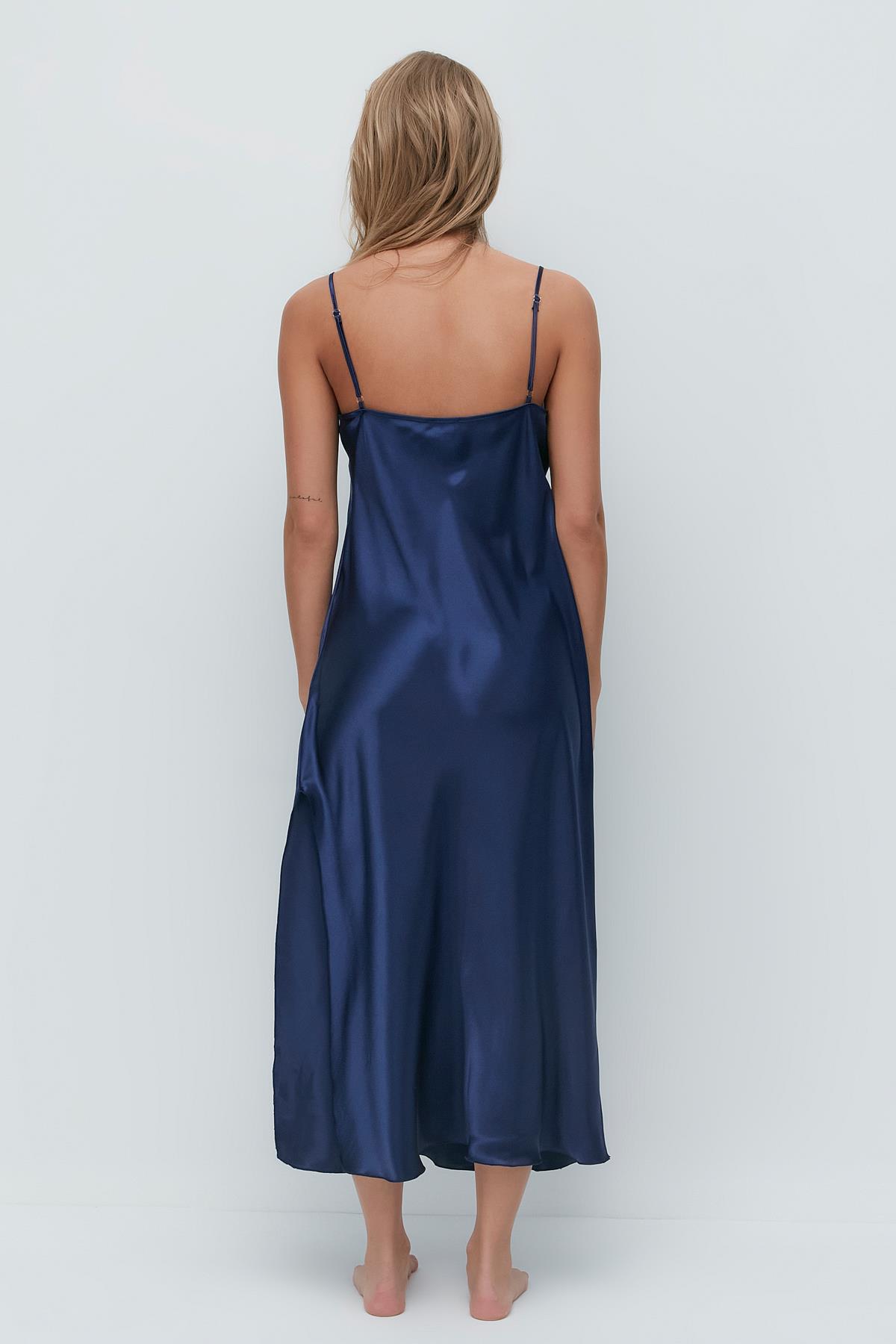 Dantel Detaylı Uzun Saten Gecelik 007 Lacivert