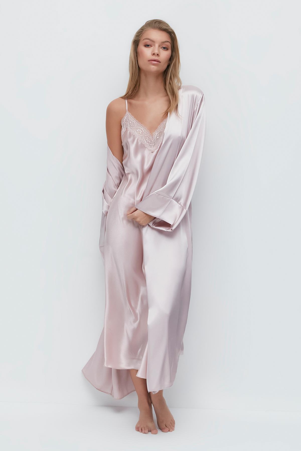 Dantel Detaylı Uzun Saten Gecelik 007 Pudra