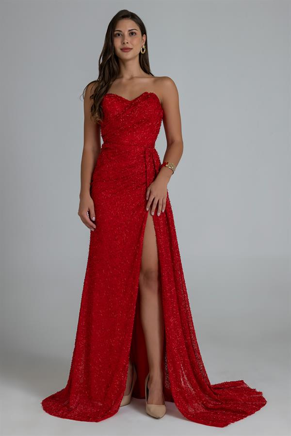 Straplez İşlemeli Abiye - KIRMIZI