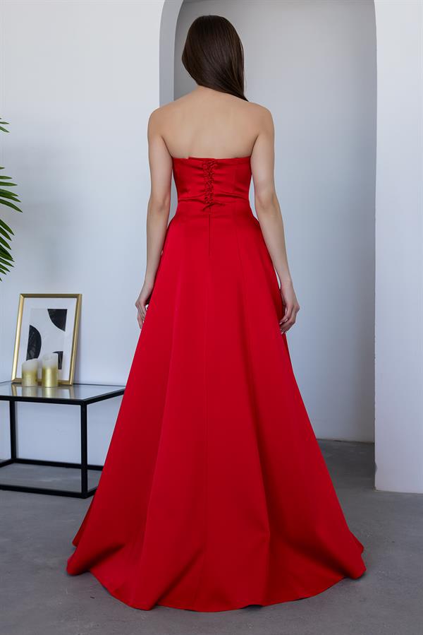 Taş İşlemeli Straplez Abiye - KIRMIZI