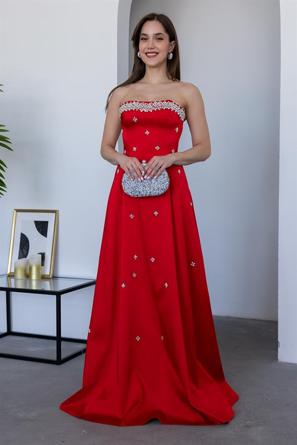 Taş İşlemeli Straplez Abiye - KIRMIZI