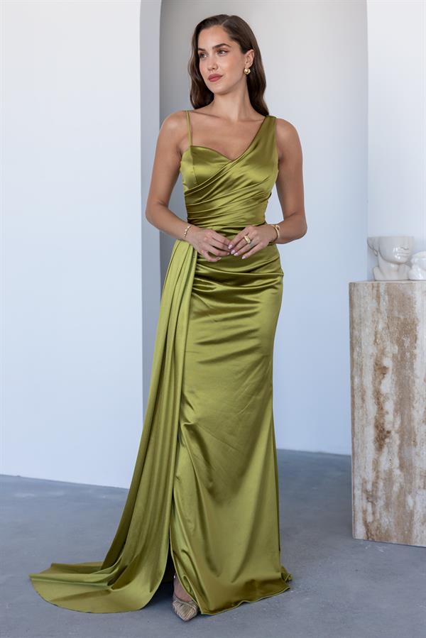 Bel Drapeli Saten Uzun Abiye - YAĞ YEŞİLİ