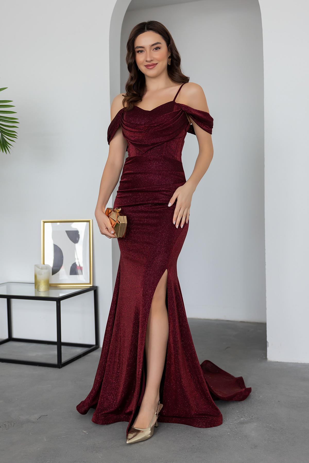 Bel Drapeli Simli Abiye - BORDO