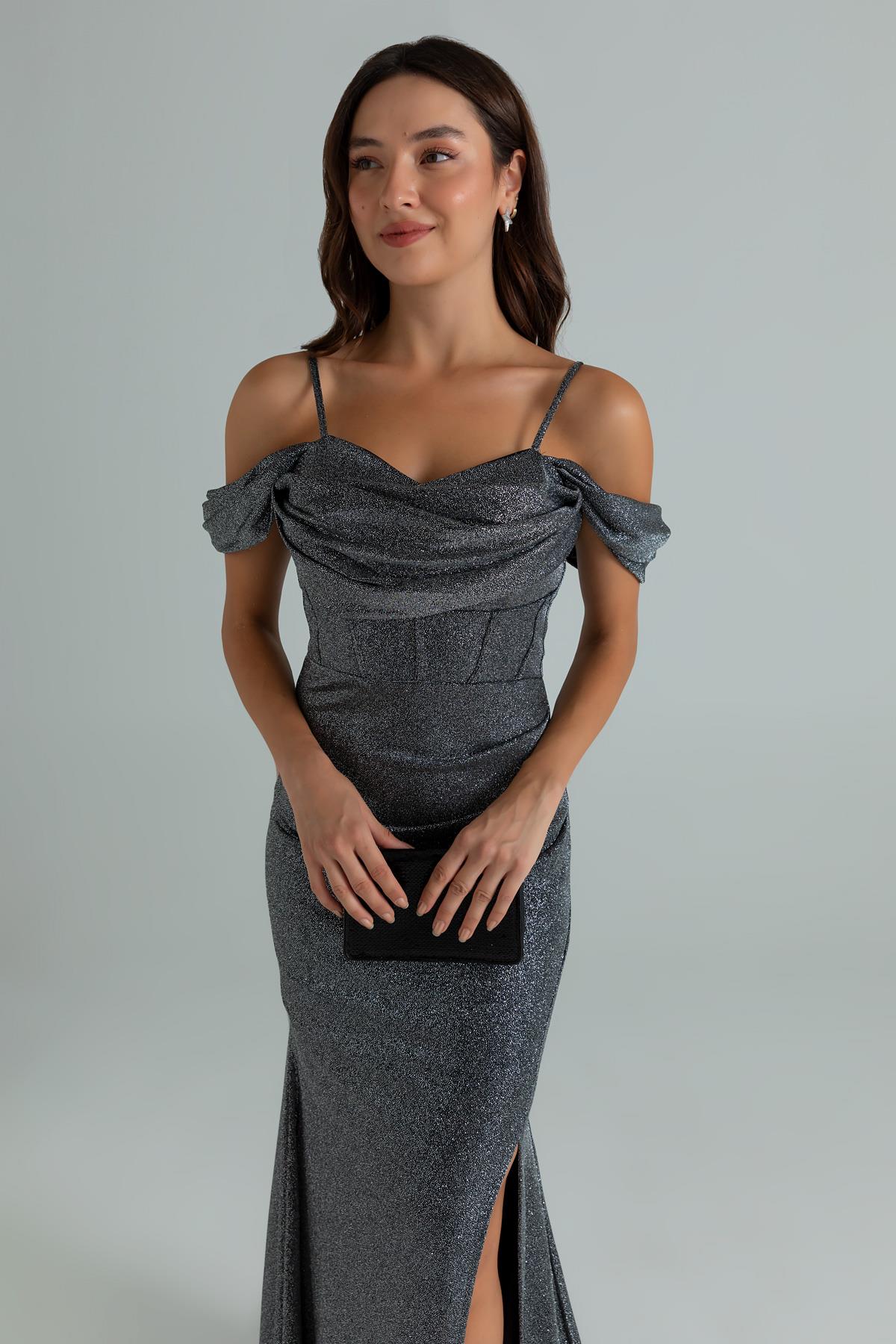 Bel Drapeli Simli Abiye - GÜMÜŞ