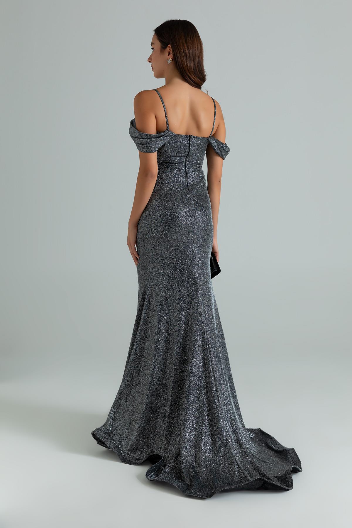 Bel Drapeli Simli Abiye - GÜMÜŞ