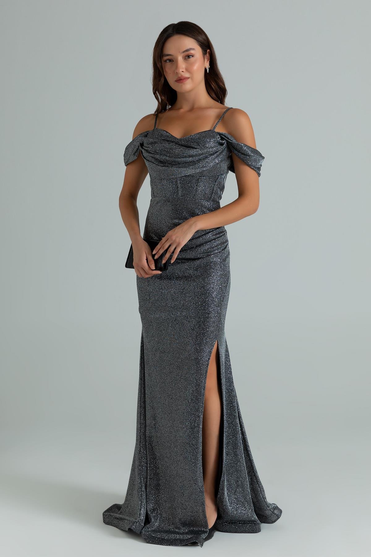 Bel Drapeli Simli Abiye - GÜMÜŞ