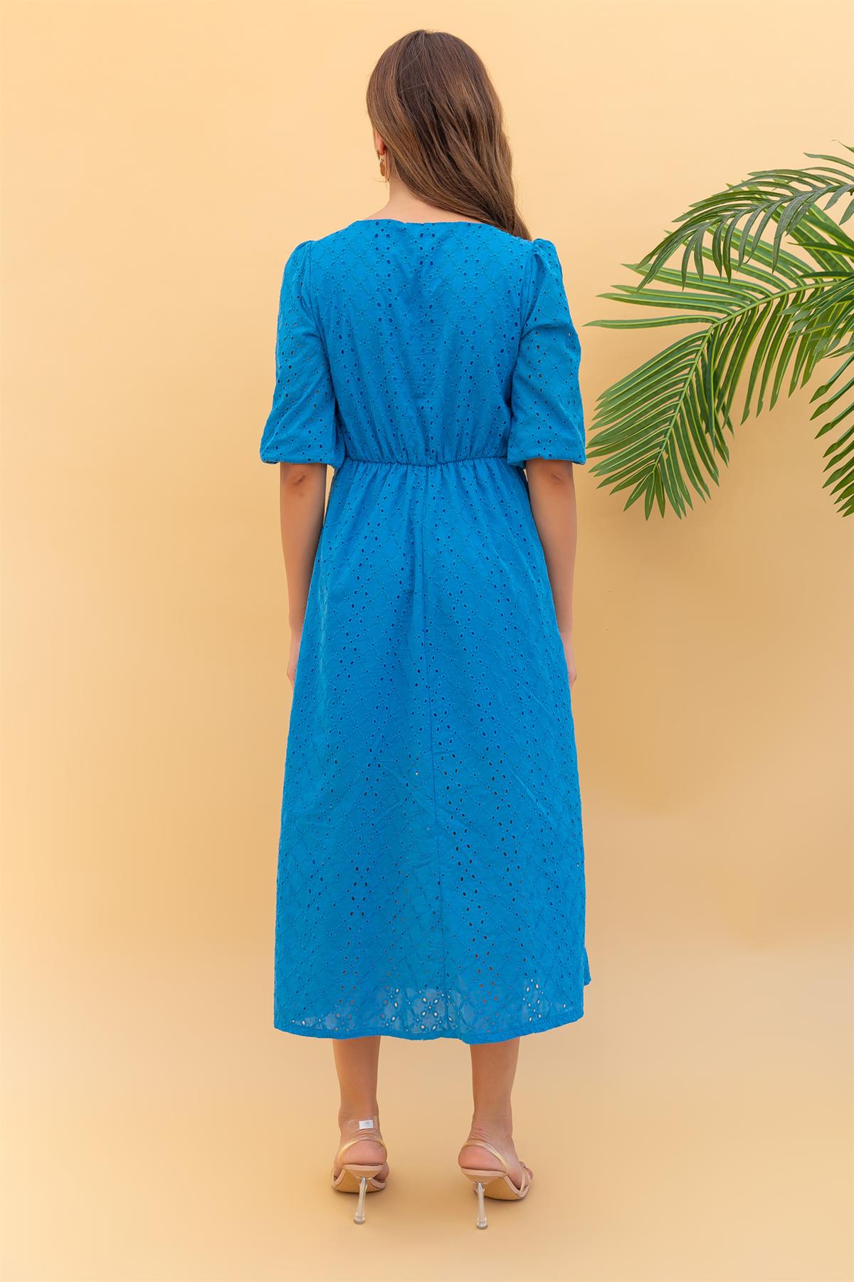 Ön Büzgülü Brode Elbise - MAVİ