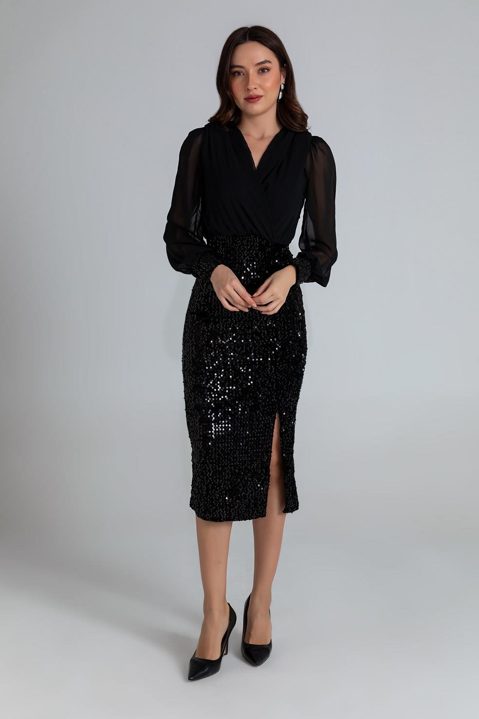 Payetli Gece Elbisesi - SİYAH