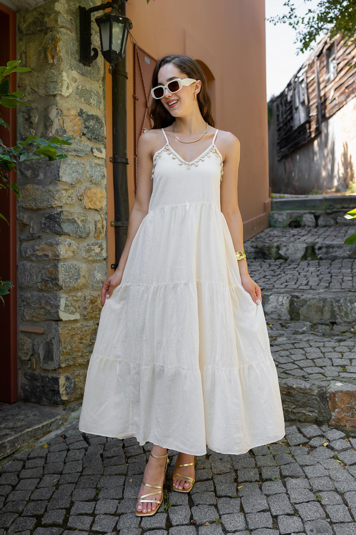 Uzun Askılı Elbise - KREM