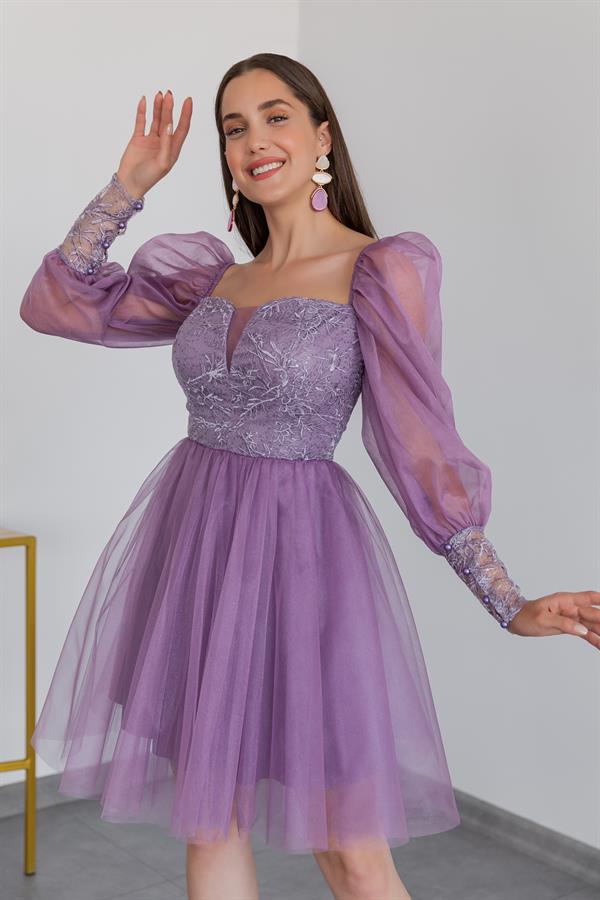 Dantelli Mini Tül Abiye - LİLA