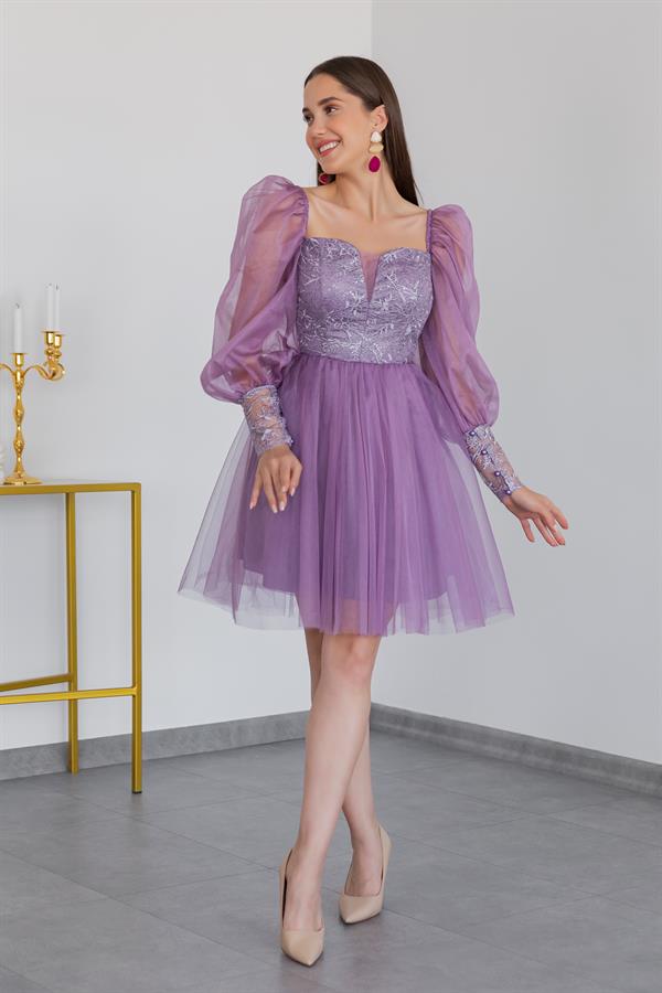 Dantelli Mini Tül Abiye - LİLA