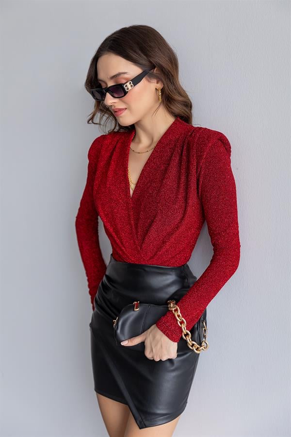 Işıltılı Bodysuit - KIRMIZI