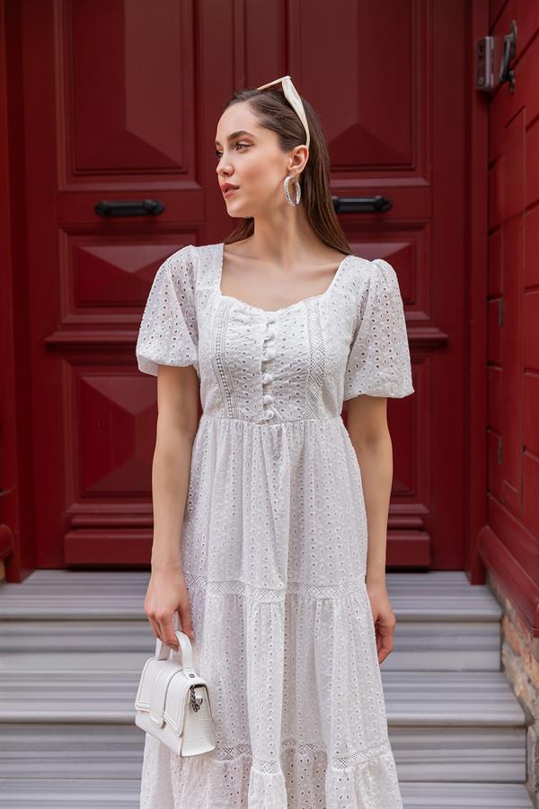İşlemeli Brode Elbise - BEYAZ