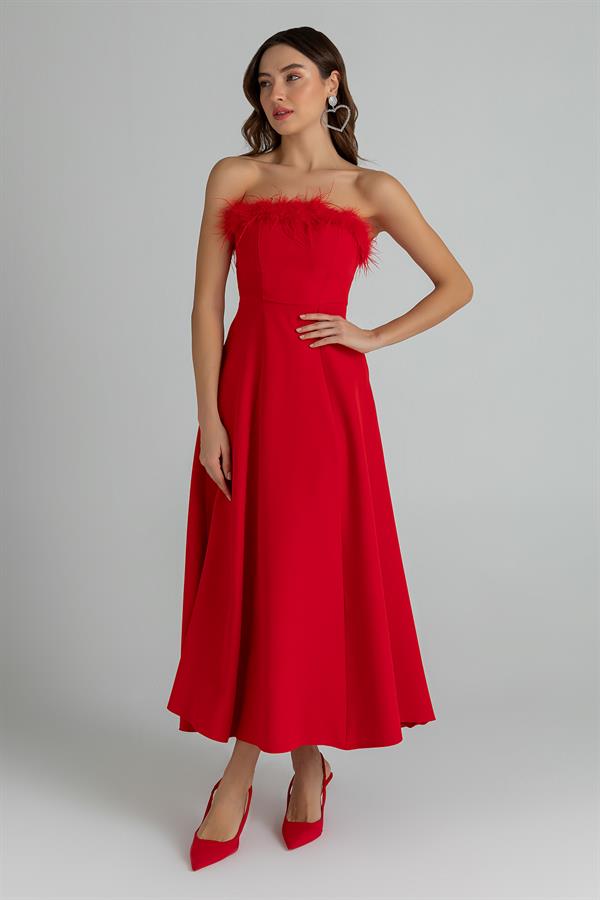 Otriş Detay Elbise - KIRMIZI