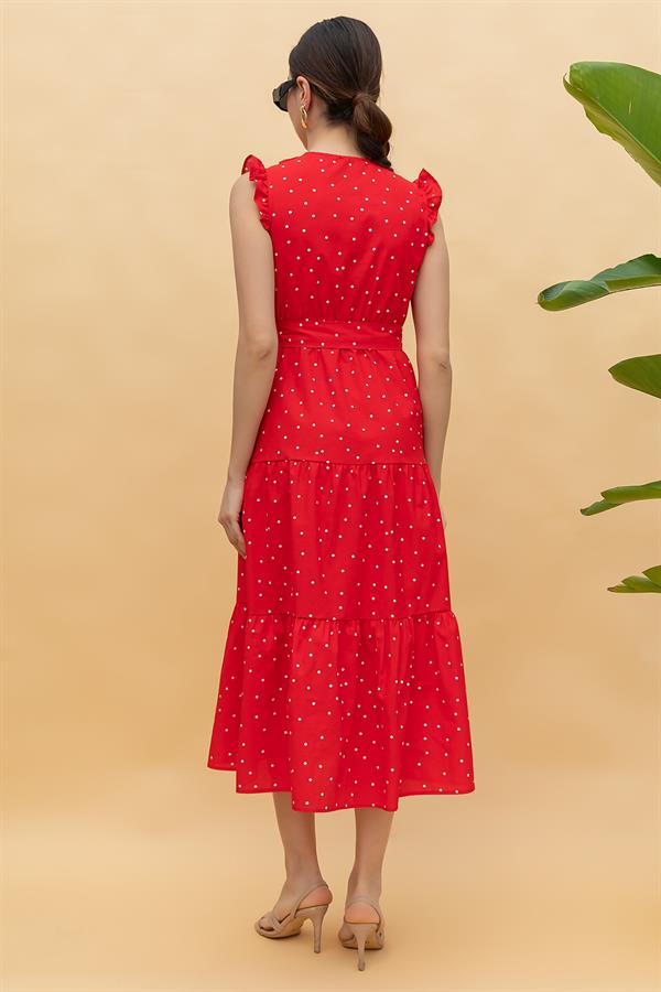 Puantiyeli Midi Elbise KIRMIZI