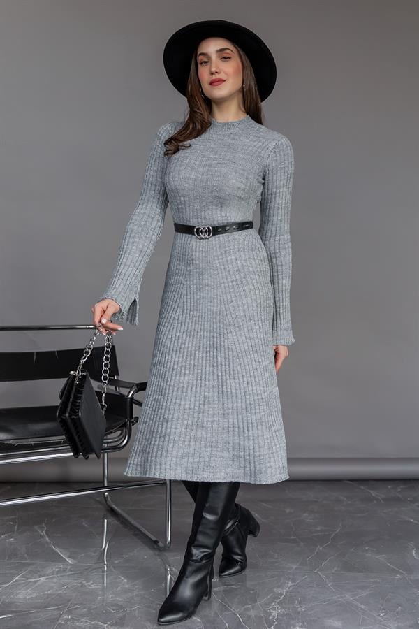 Triko Midi Elbise - GRİ