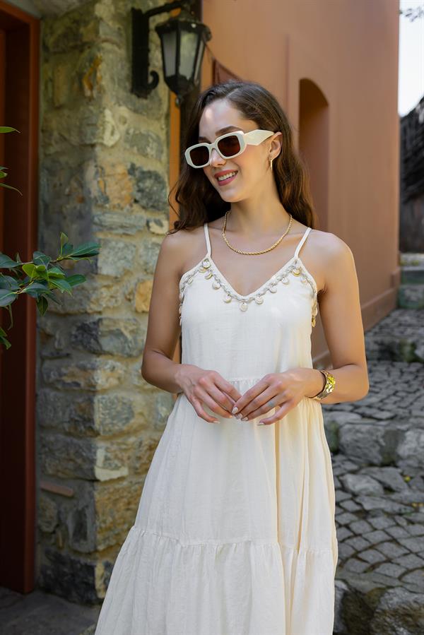 Uzun Askılı Elbise - KREM