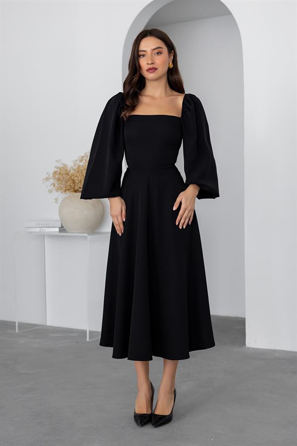 Uzun Kollu Kloş Elbise - SİYAH