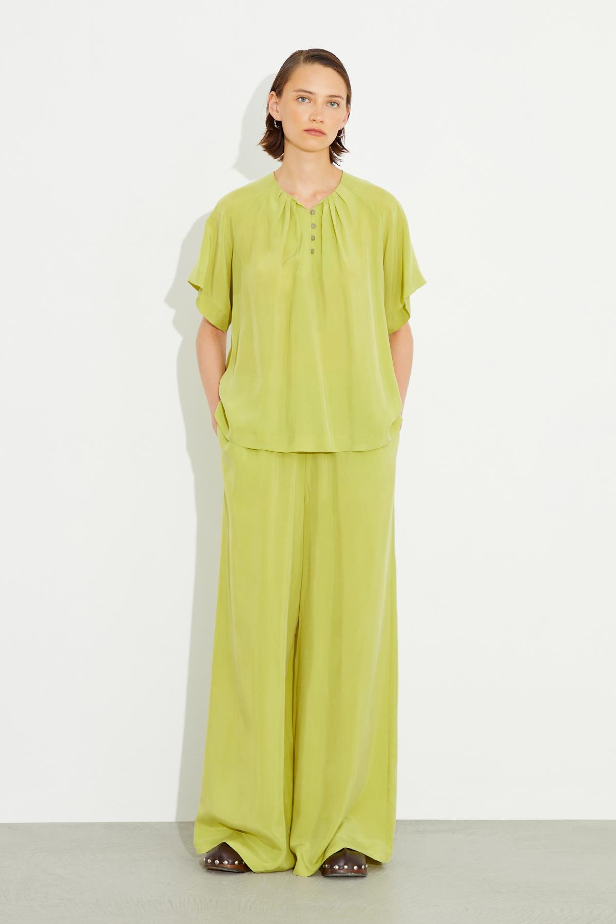 Yakada Pli Kırma Detaylı, Kısa Kollu Cupro Bluz Yeşil