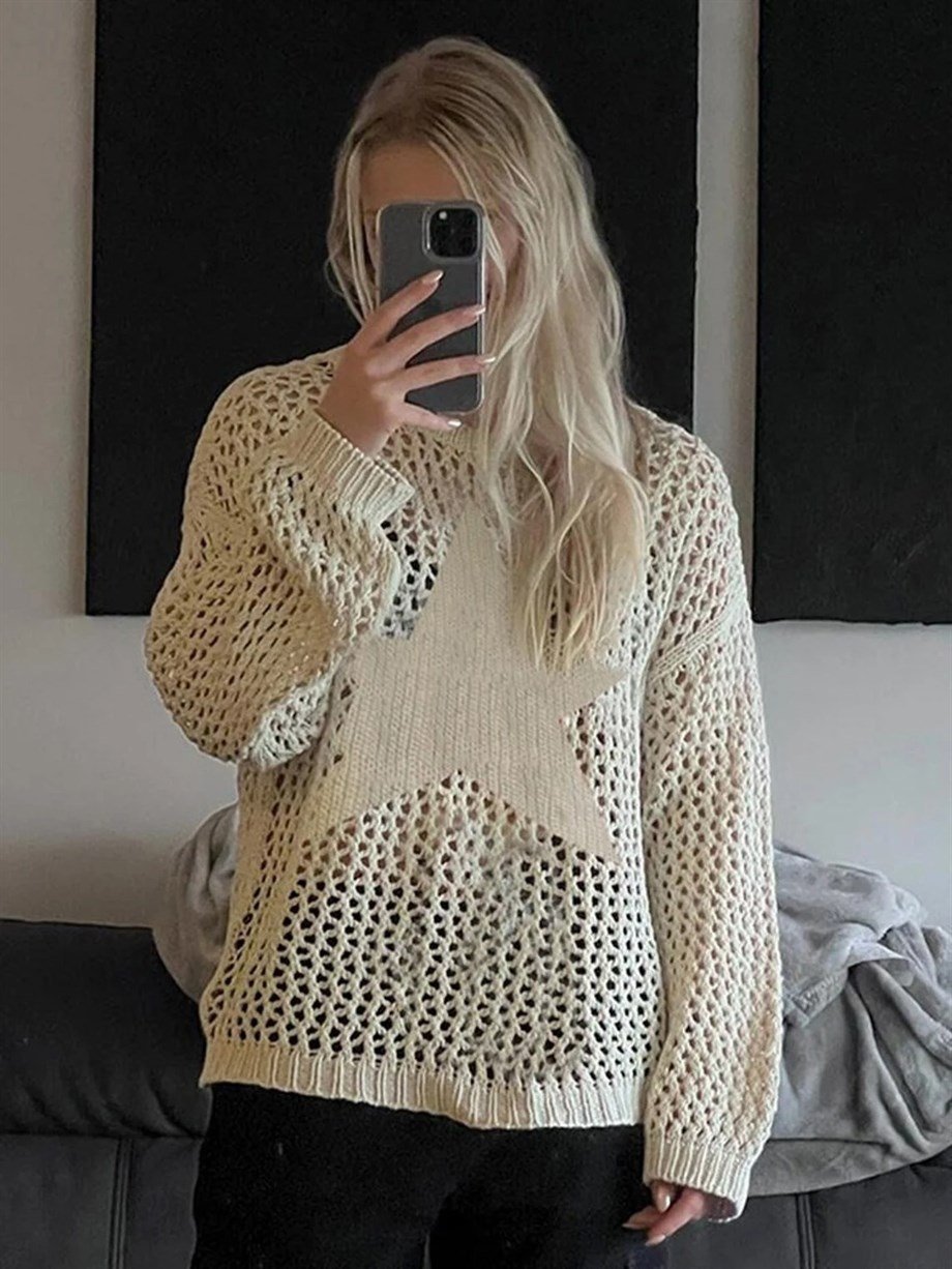 Bej Yıldız Detaylı Örgü Oversize File Kazak Bej Yıldız Detaylı Örgü Oversize File Kazak
