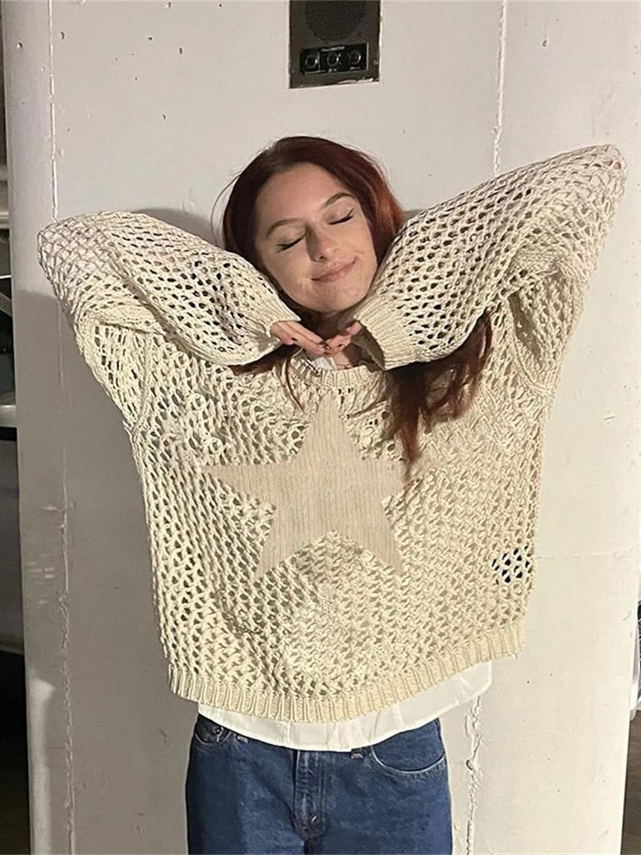 Bej Yıldız Detaylı Örgü Oversize File Kazak Bej Yıldız Detaylı Örgü Oversize File Kazak