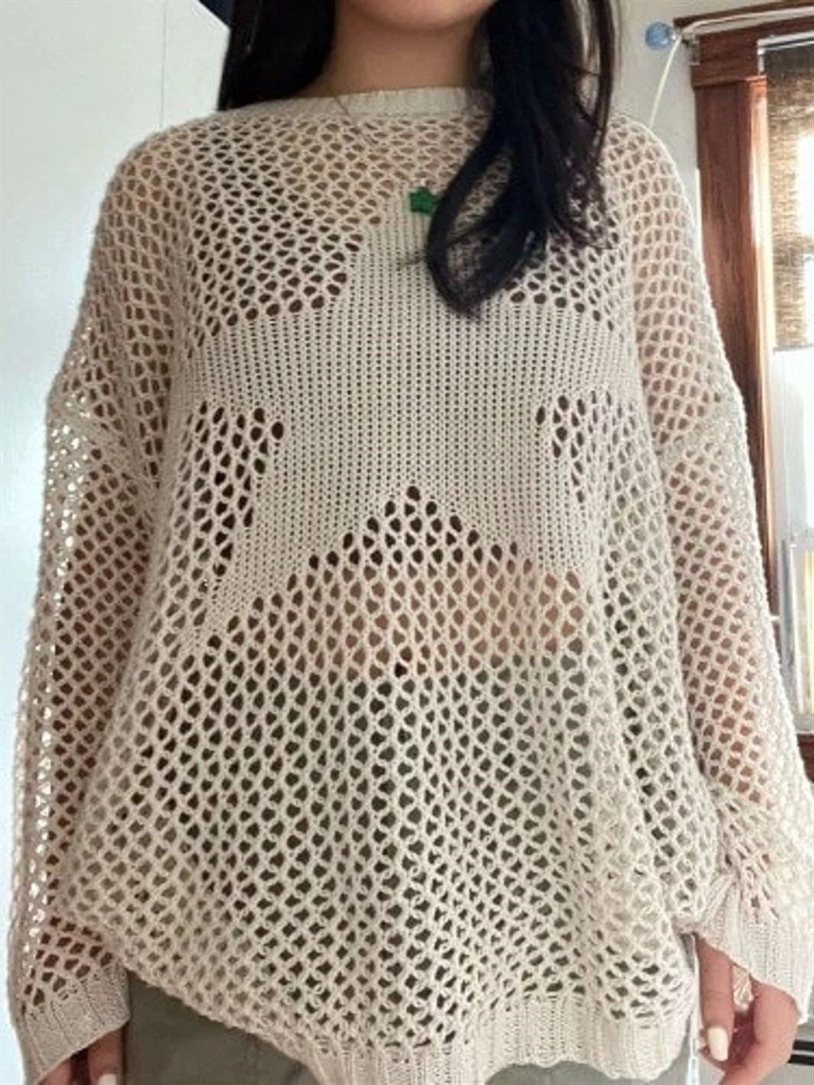 Bej Yıldız Detaylı Örgü Oversize File Kazak Bej Yıldız Detaylı Örgü Oversize File Kazak