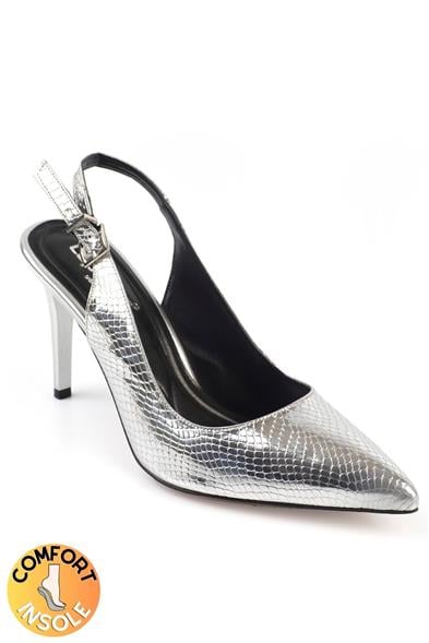 Capone Sally Slingback Mid Heel Soft Padded Insole Women Silver Shoes