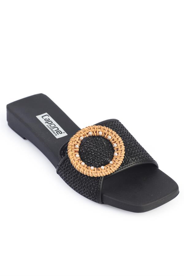 Capone Manya Blunt Toe Raffia Short Heeled Comfort Women Black Sandals