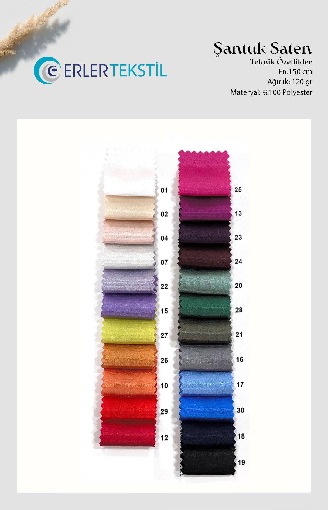 Şantuk Saten Kumaş Kartela (23 Renk) - Erler Kumaş