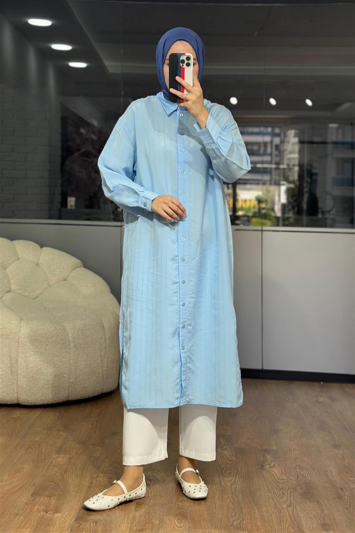 Yase Çizgi Detaylı Uzun Tunik Bebe Mavisi