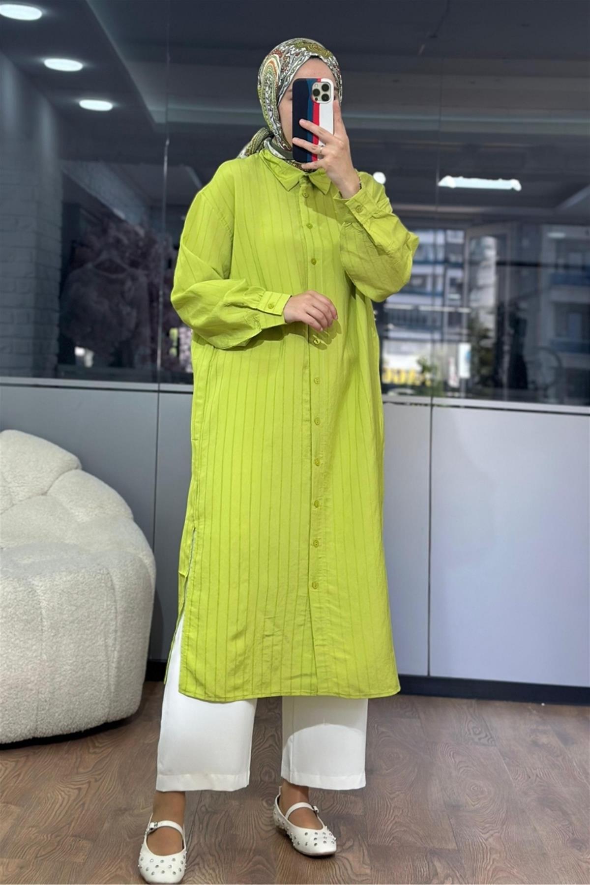 Yase Çizgi Detaylı Uzun Tunik Yağ Yeşili