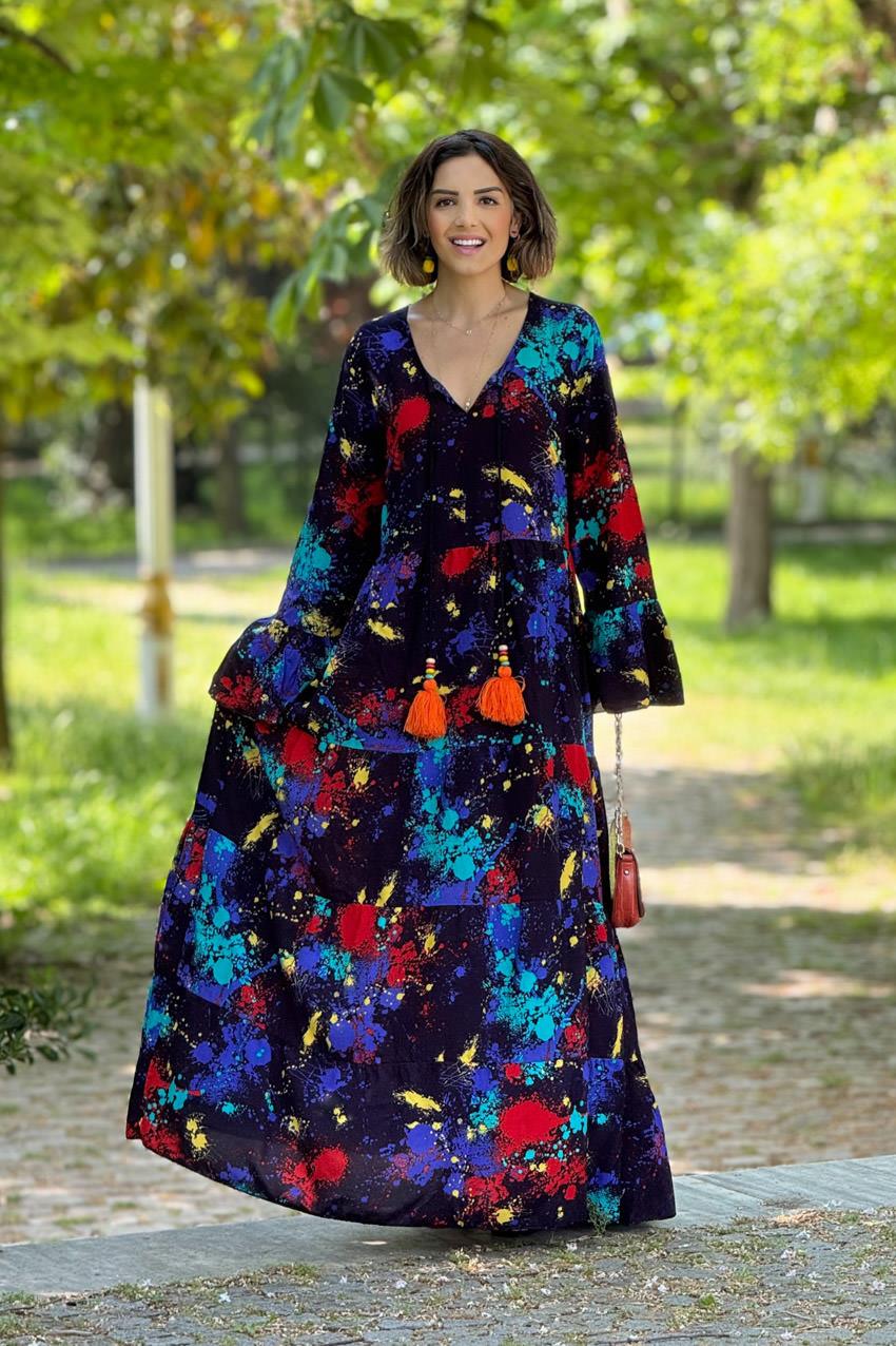 Fırça Boya Desenli %100 Pamuk Uzun Kollu Uzun Boy Elbise