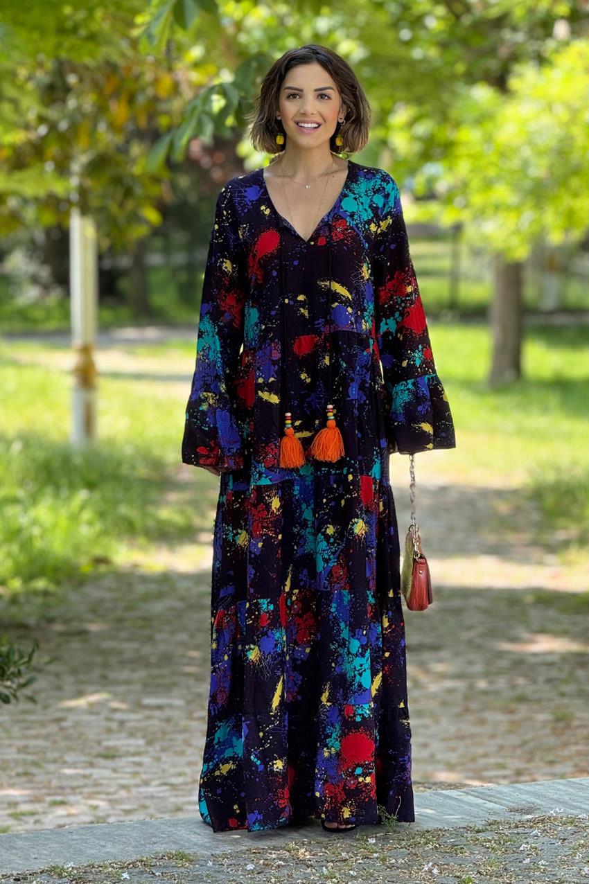 Fırça Boya Desenli %100 Pamuk Uzun Kollu Uzun Boy Elbise