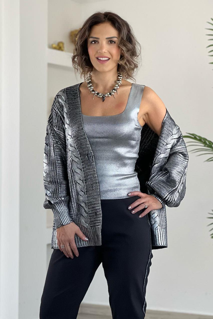 Gümüş Varak Kaplamalı Saç Örgülü Hırka