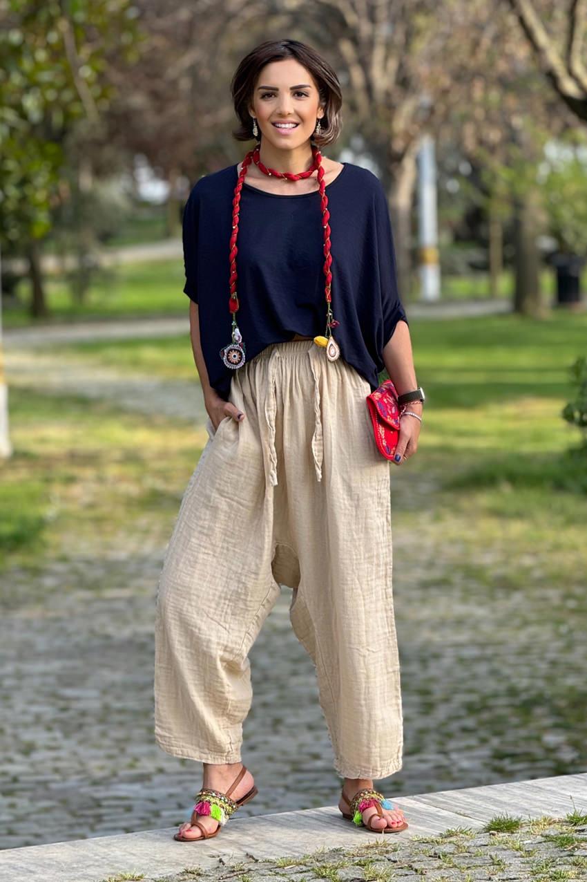 Krem Renk Sezai Şalvar - %100 Pamuk Müslin Kumaş