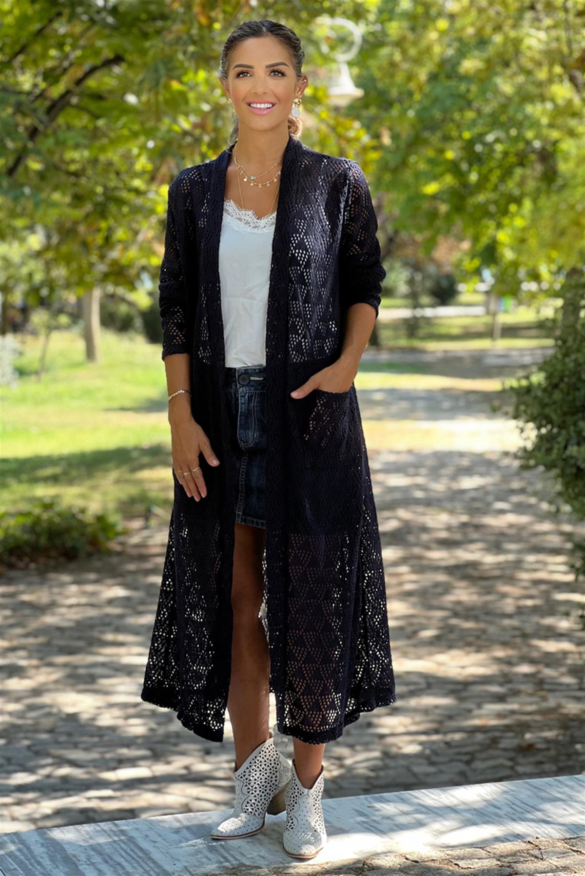 Lacivert Ajurlu Uzun Boy Triko Hırka