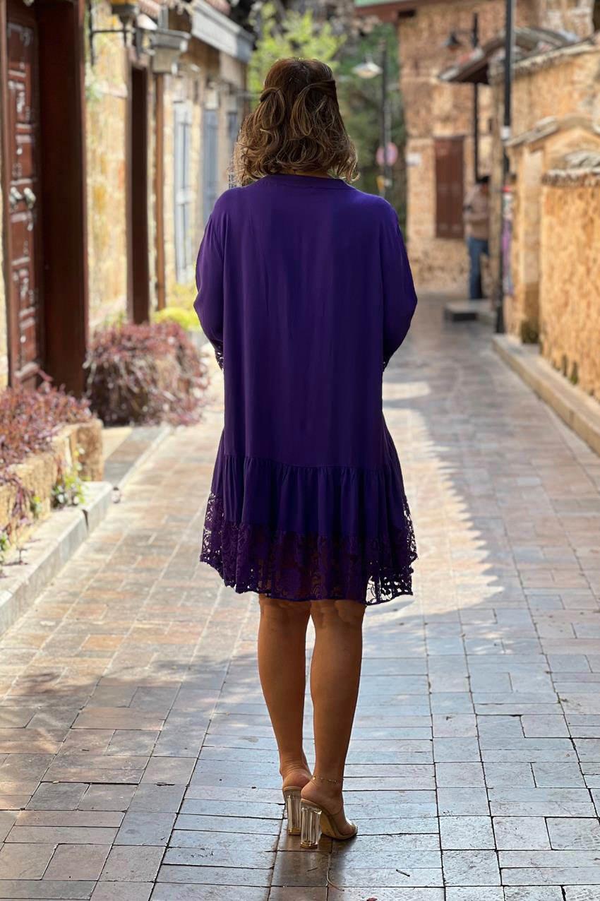 Mor Renk Midi Boy Güpürlü Elbise