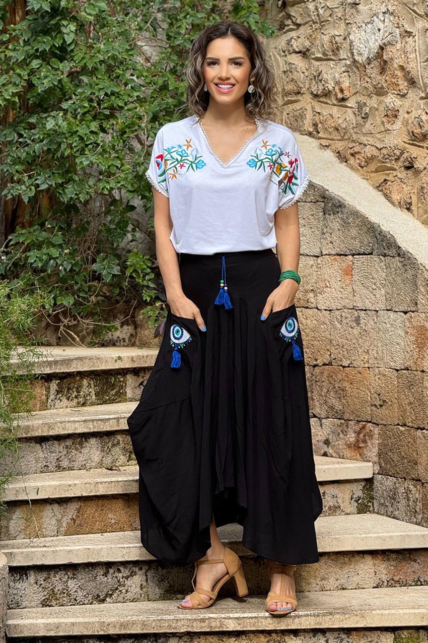 Siyah Göz Nakışlı %100 Pamuk Şalvar Etek