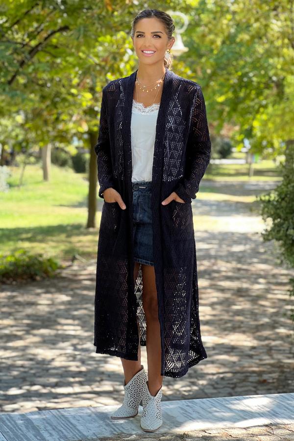 Lacivert Ajurlu Uzun Boy Triko Hırka