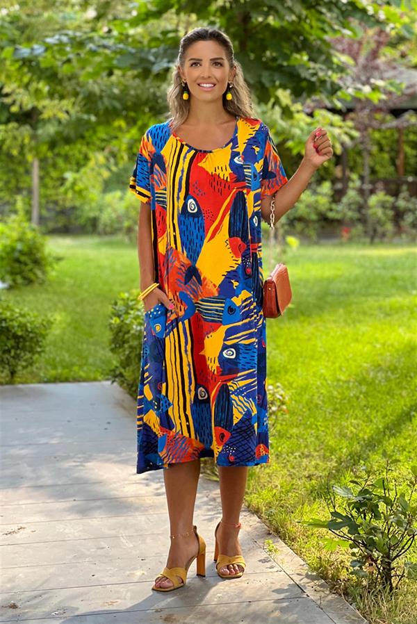 Mavi Göcek Desenli Penye Viskon Elbise