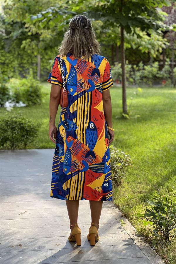 Mavi Göcek Desenli Penye Viskon Elbise