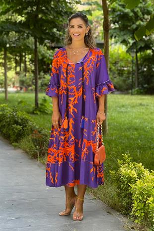 Mor Renk Okyanus Desenli Bohem Elbise