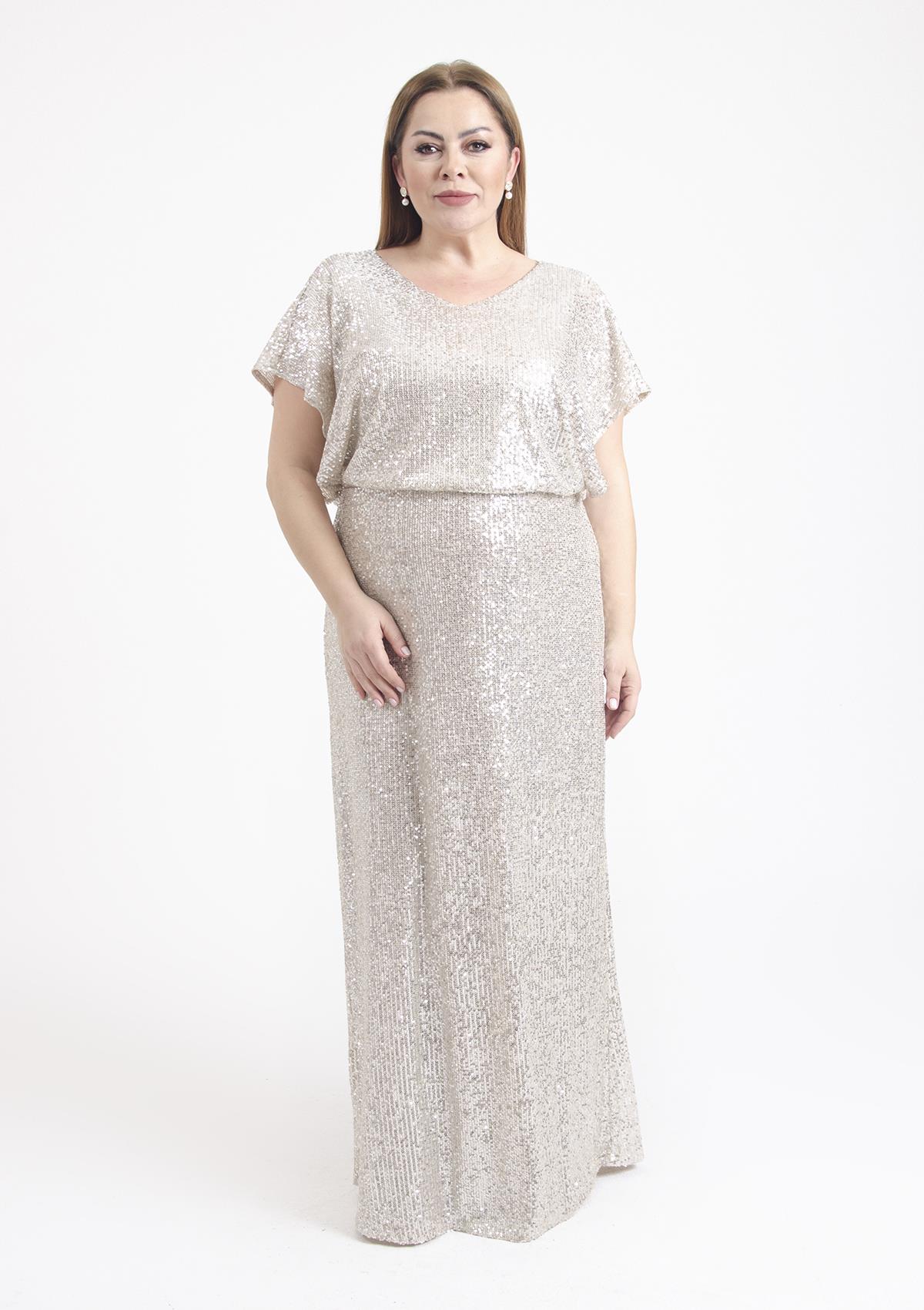 Büyük Beden Bej Renkli Pul Payetli Uzun Abiye Elbise