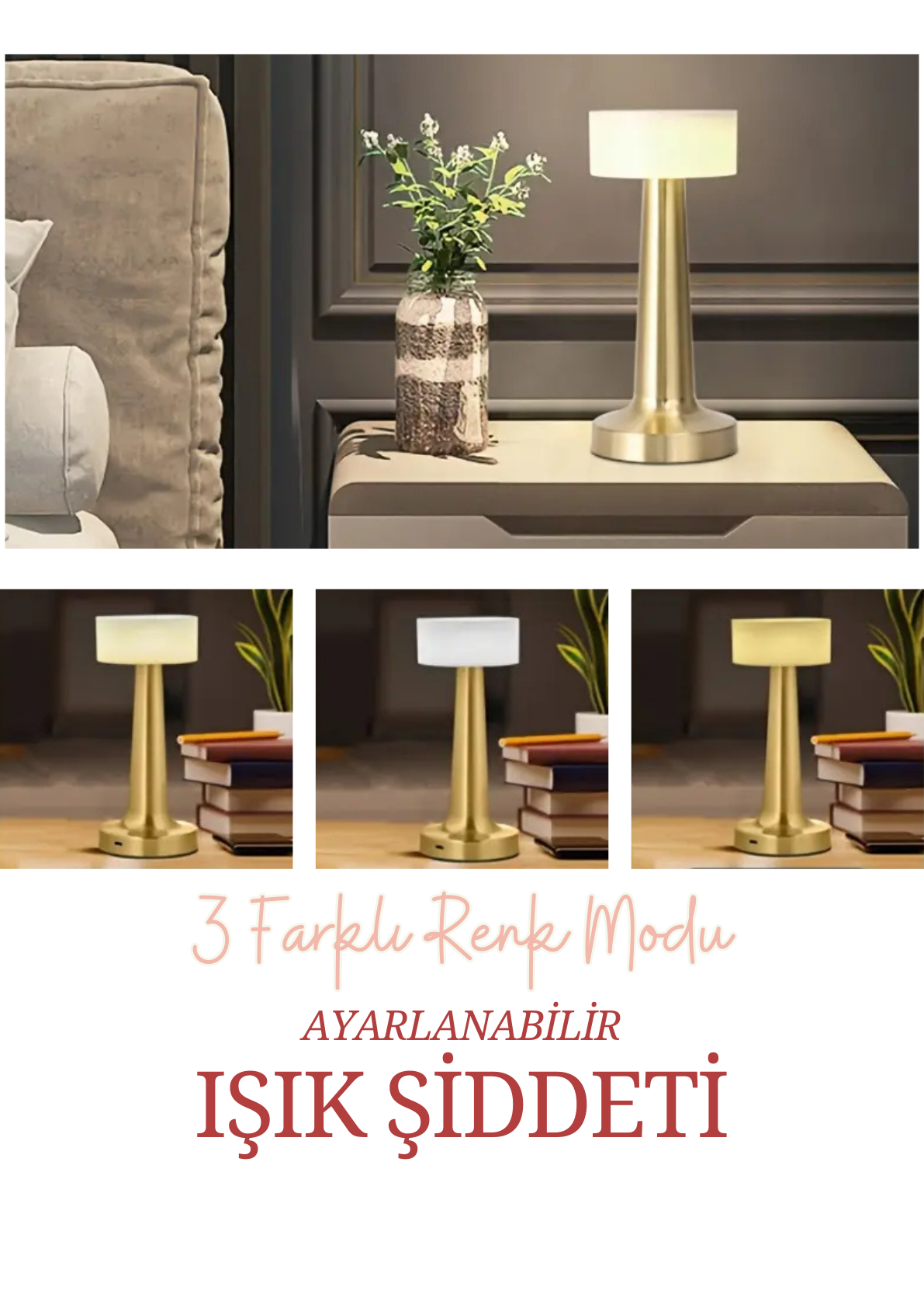 Dekoratif Şarjlı Dokunmatik Led Masa Lambası Usb Kablolu Gece Lambası ve Abajur Altın