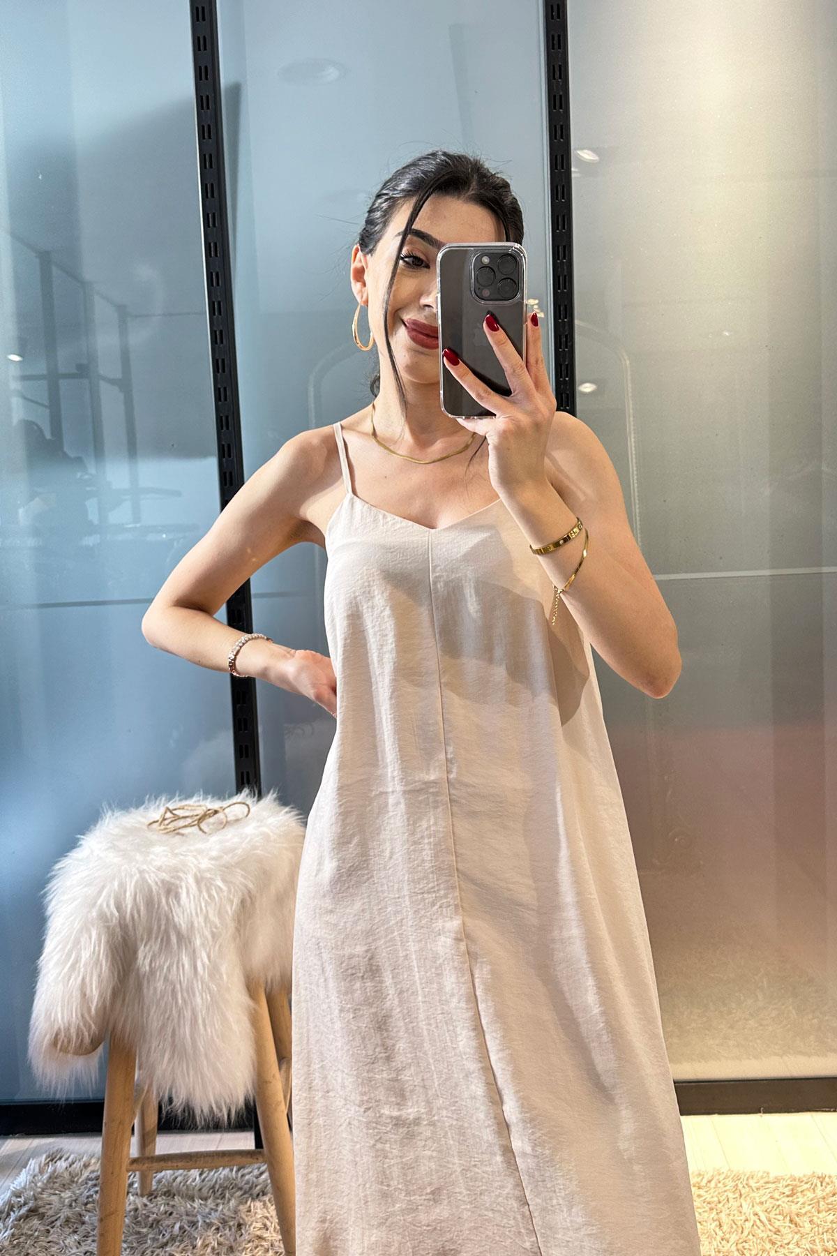 Ayarlanabilir İp Askılı Salaş Model Elbise -Bej