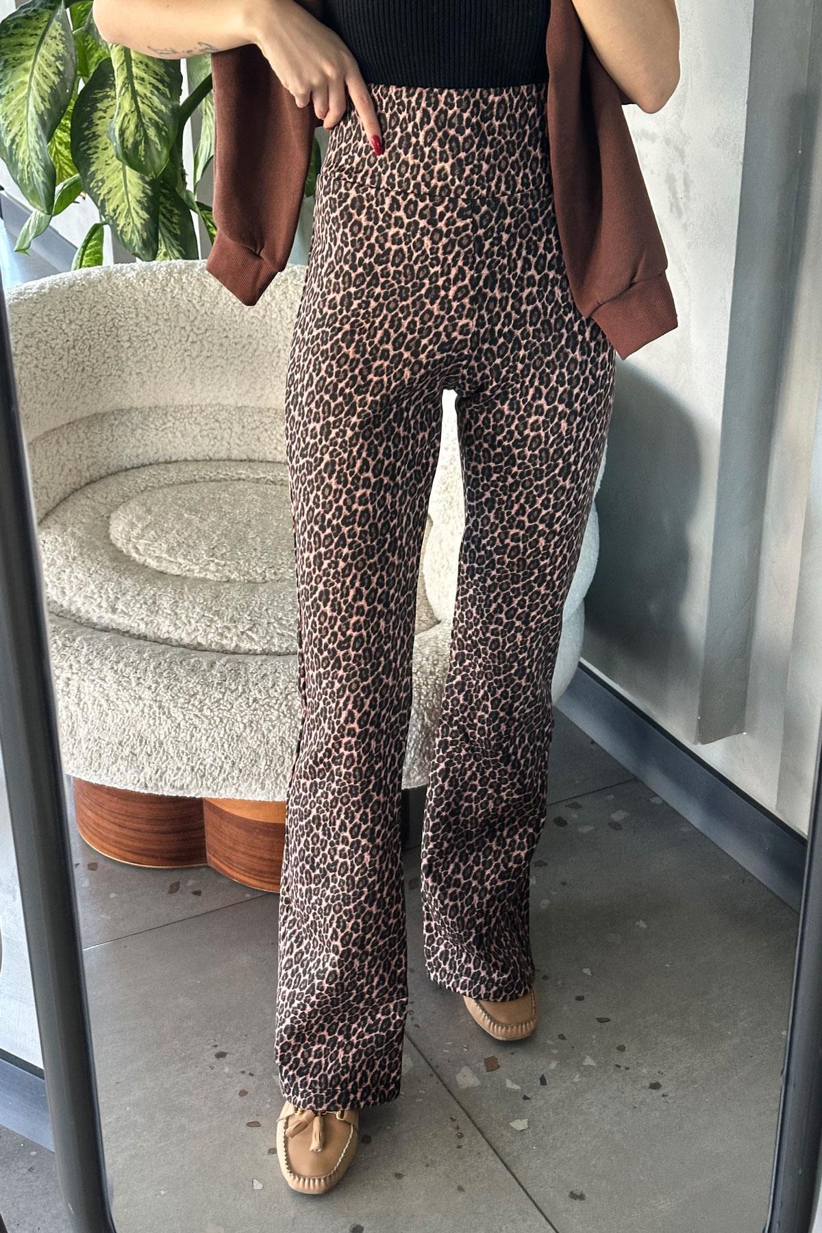 Mini Leopar Desen İspanyol Pantolon - Leopar