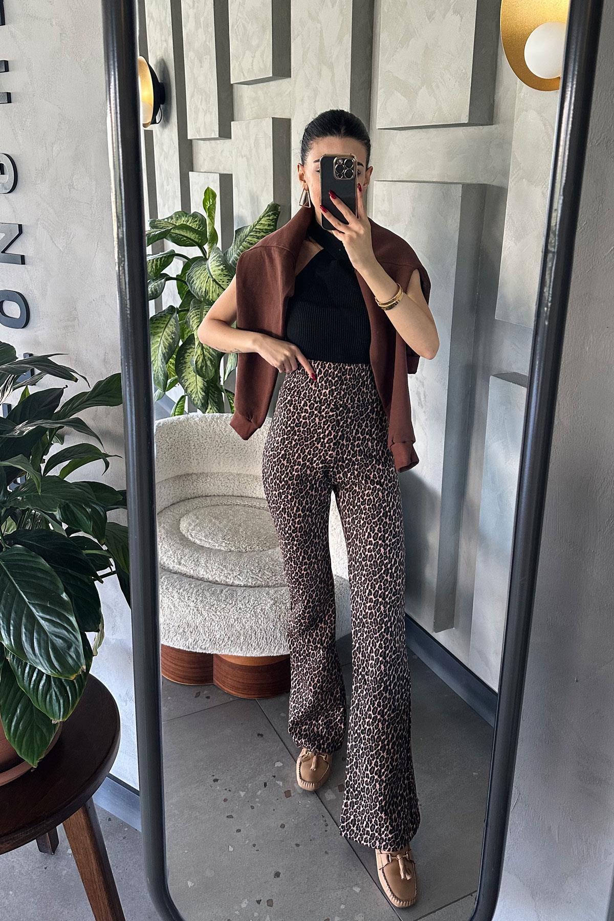 Mini Leopar Desen İspanyol Pantolon - Leopar