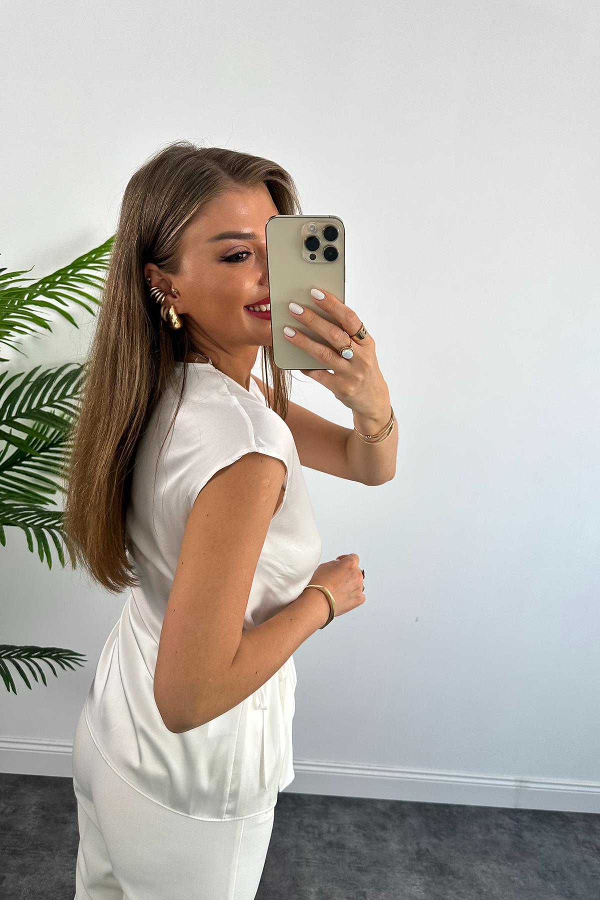 Lüx Kalite İPek Saten Kruvaze Bluz Beyaz - Nişantaşı Butika